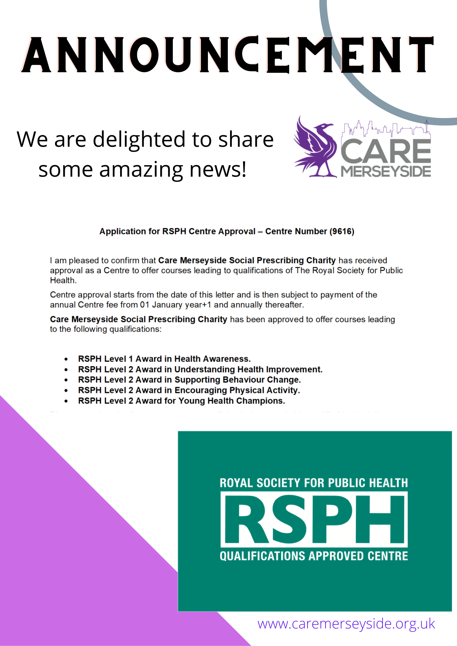 We are now an RSPH Accredited Centre! | Care Merseyside